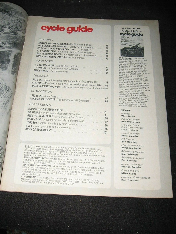 CYCLE GUIDE April 1970 Harley Electra Glide Suzuki Titan Maico X-5 400 ...