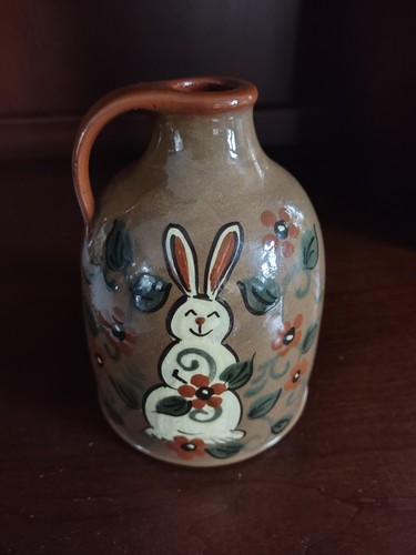 2012 Folk Art Eldreth Redware Pottery Small Jug White Easter Bunny w ...