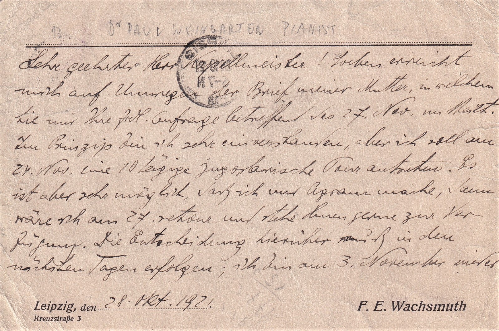 PAUL WEINGARTEN Pianist 2 pp. Autographed Letter Signed, 1921 Great ...