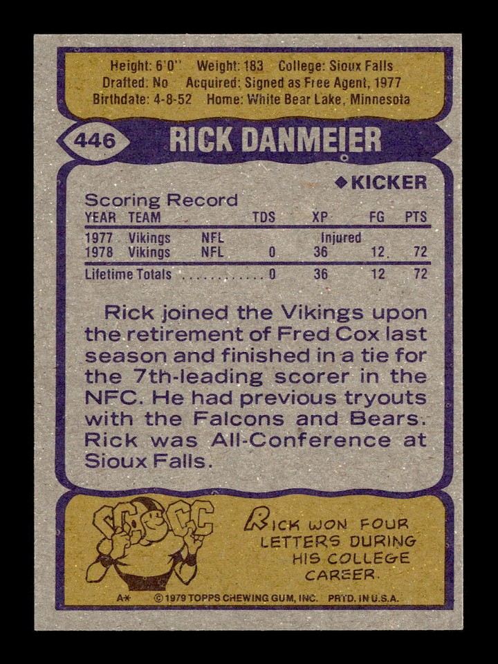 1979 Topps #446 Rick Danmeier Minnesota Vikings Rookie RC EX Football ...