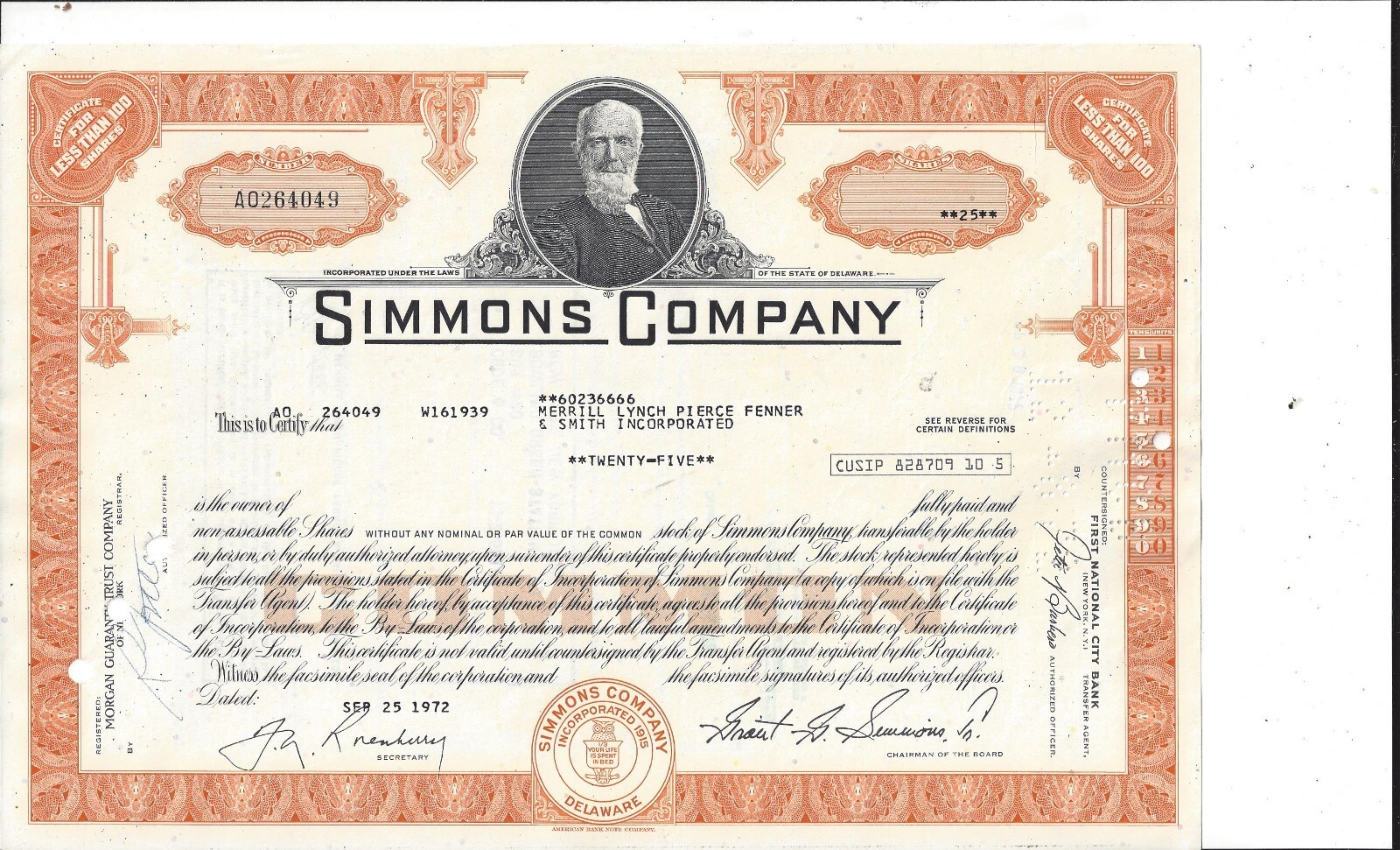 SIMMONS COMPANY.....1972 COMMON STOCK CERTIFICATE | eBay