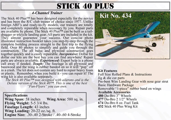 Balsa USA Stick 40 Plus RC Remote Control Balsa Wood Airplane Kit #434 ...