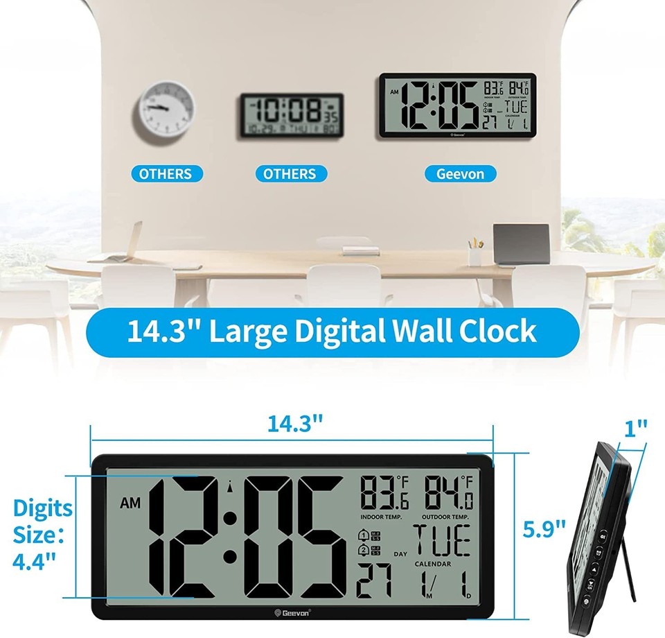 14.3" Large Atomic Clock with Indoor Outdoor Temperature, Digital Wall ...