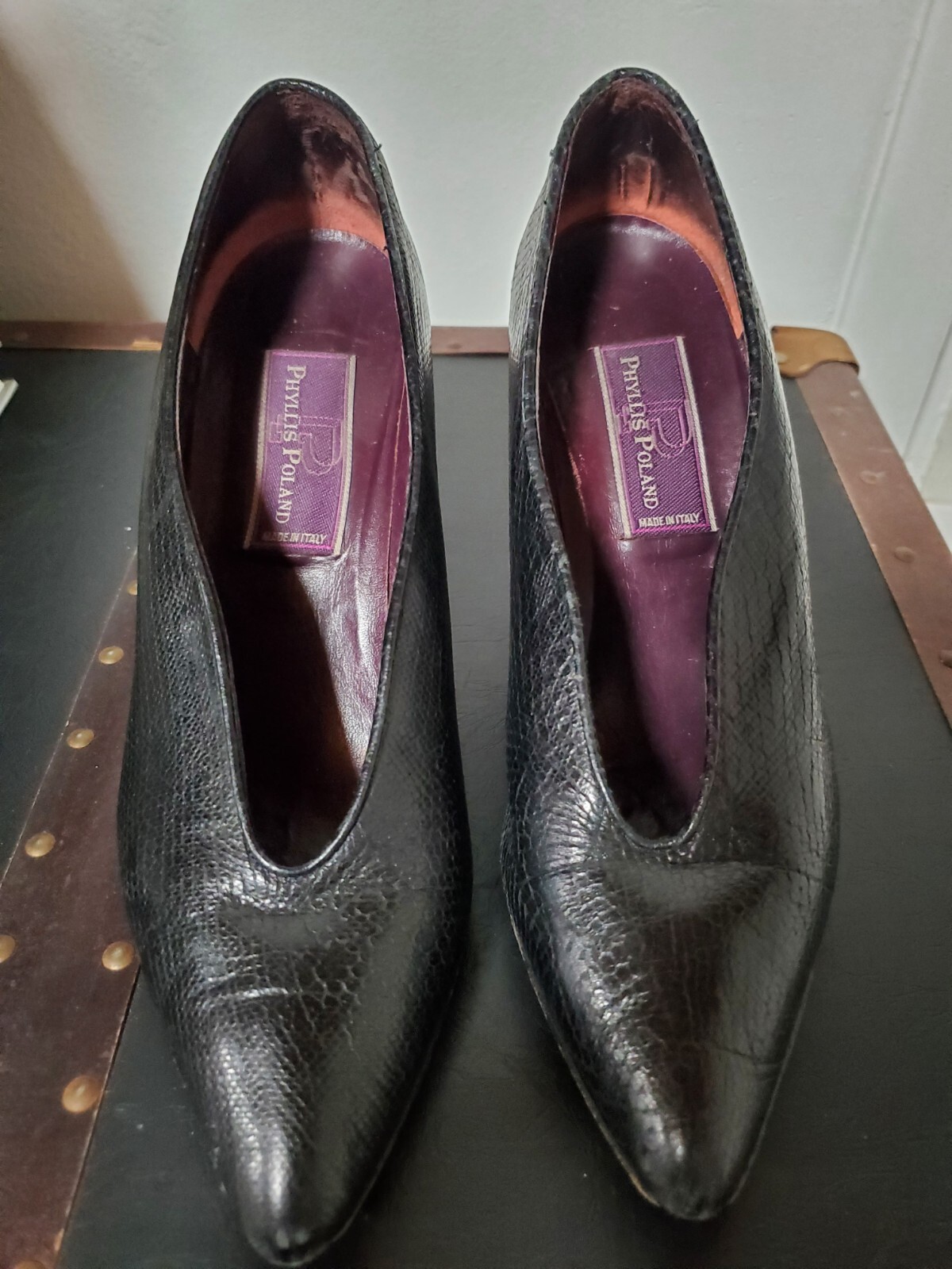 VTG Phyllis Poland Black Leather Mid-Heel Shoes sz 9 Italian | eBay