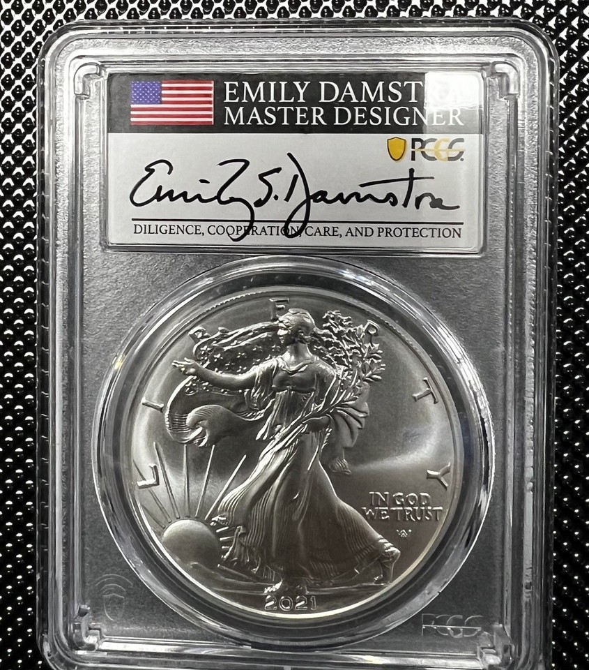 2021 SILVER EAGLE PCGS EMILY DAMSTRA AT DUSK AT DAWN 35TH YEAR U.S.MINT ...
