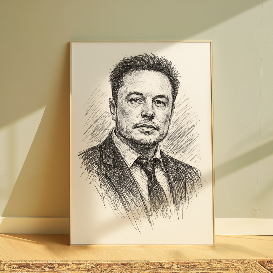 ELON MUSK DRAWING PRINT PORTRAIT SKETCH 8" x 10" ELON MUSK WALL ART ...