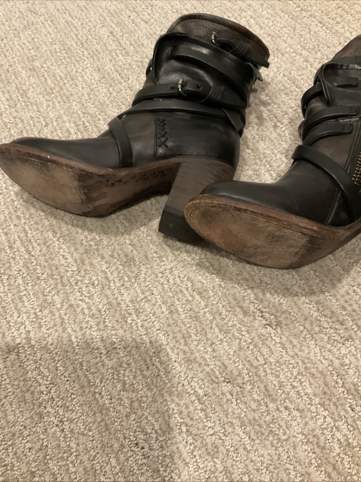 Freebird by Steven Baker Brown Leather Strap Biker Heel Western Boots ...
