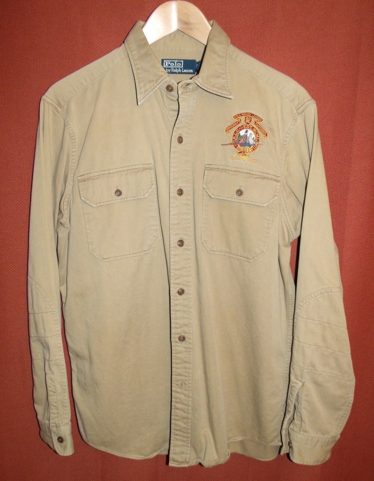 RARE Mens Polo Ralph Lauren Pheasant Patch,Graphic Print Khaki Shirt ...