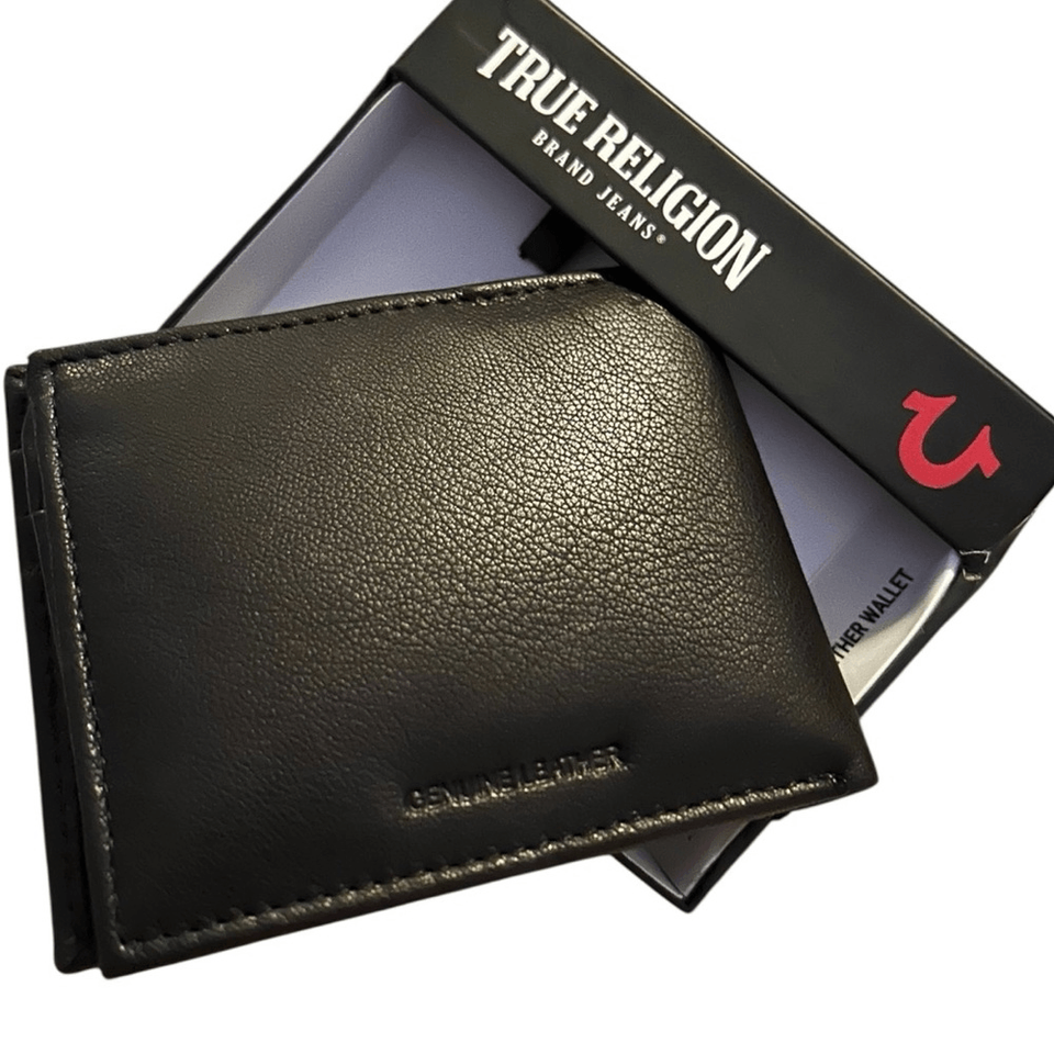 New TRUE RELIGION L-Fold Wallet Stitched Logo Black Leather Ricky Red ...