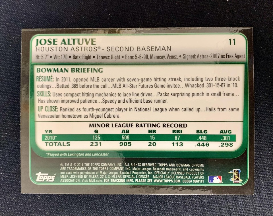 2011 Bowman Draft Picks & Prospects Jose Altuve Chrome RC Rookie #11 ...