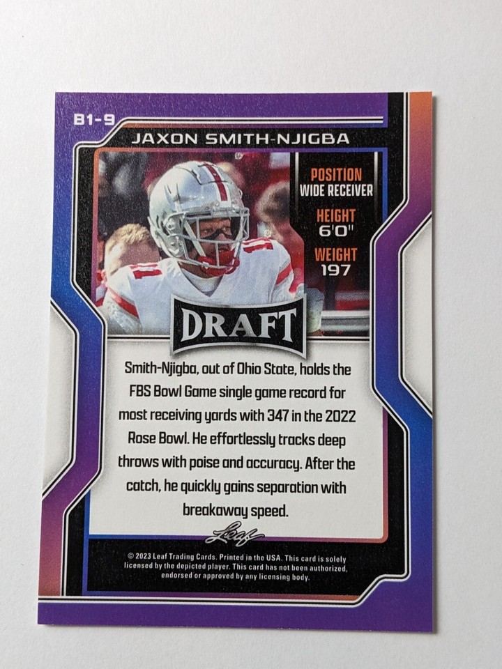 2023 Leaf Draft - Base V1 #B1-9 Jaxon Smith-Njigba (RC) Ohio State ...