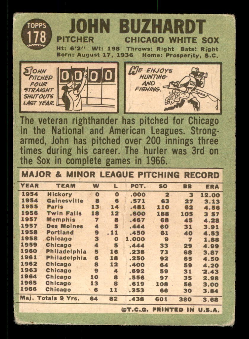 1967 Topps Baseball #178 John Buzhardt GD *d3 | eBay