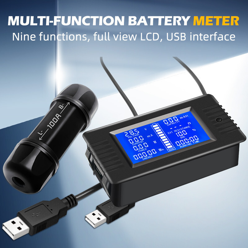 DC Multifunction Battery Monitor Meter with USB Shunt 100A LCD Display ...