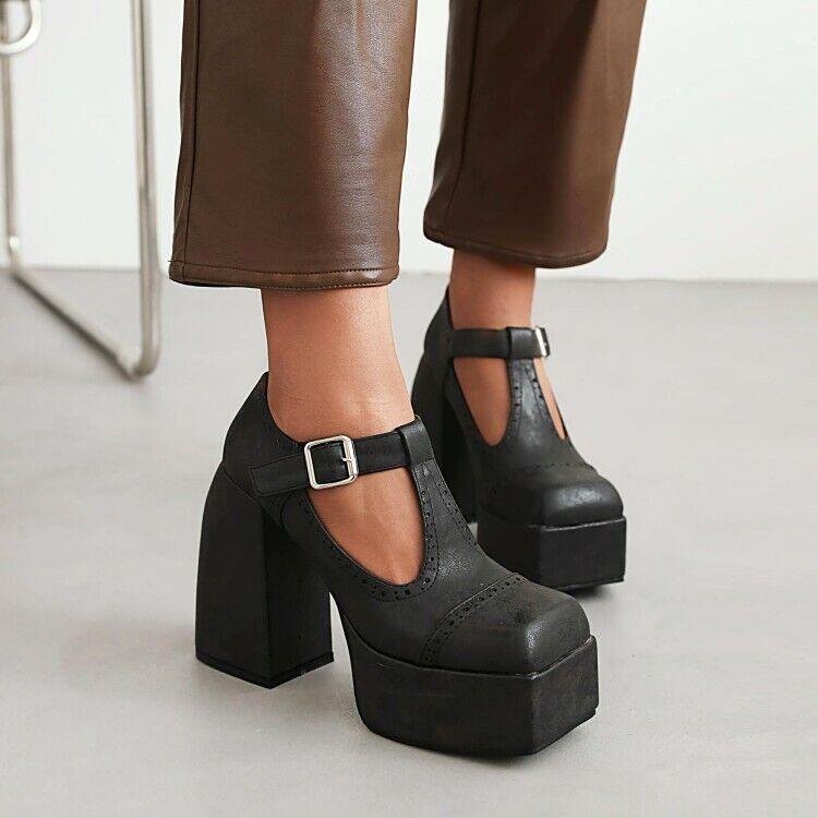 Women Fashion Platform Block High Heels Pumps Square Toe Buckle Strap ...