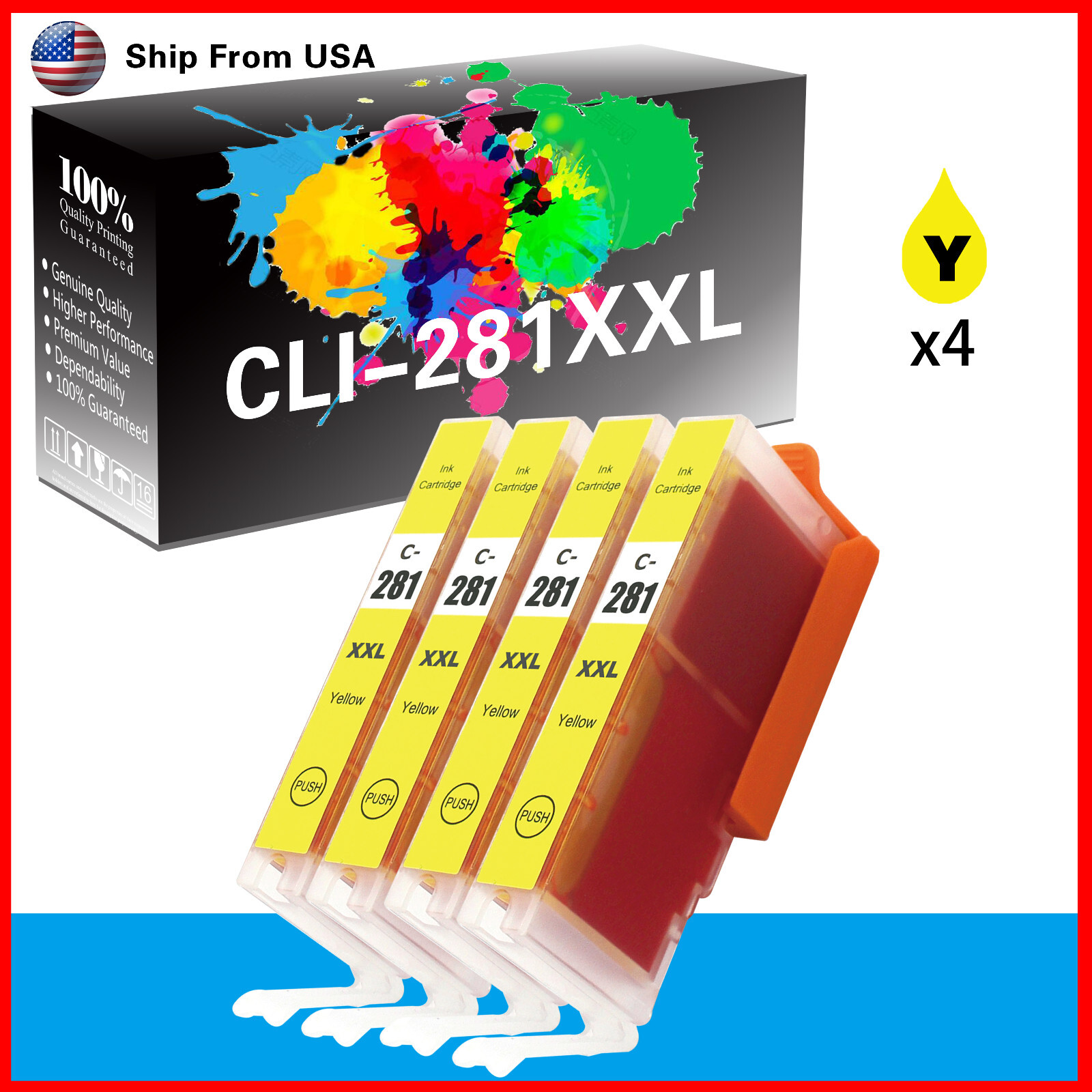 4PK 281XXL CLI281 Yellow Ink Cartridge for TR7500 TR8500 TR8600 TS6100 ...