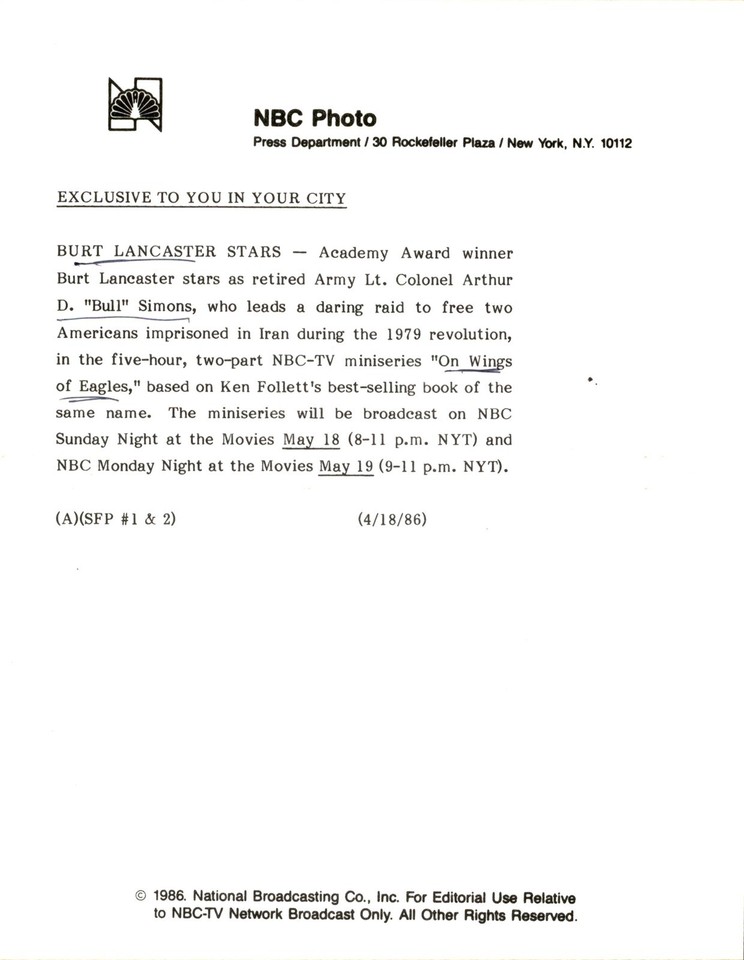 LD311 1986 Orig NBC Photo BURT LANCASTER Lt Col Bull Simons ON WINGS OF ...