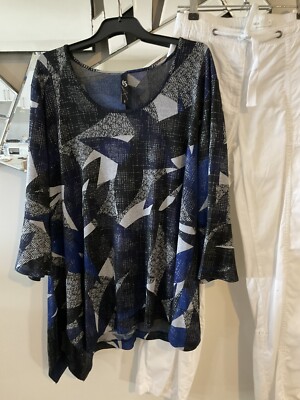TS TAKING SHAPE Blue Black Silver 3/4 Bell Sleeve Stretch Tunic Top S M ...