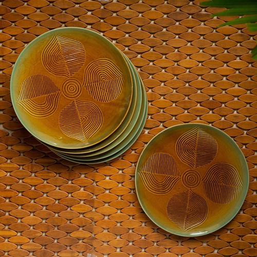 Ceramic Hand Engraved Dinner Plates Caramel Brown & Sea Green Set of 6 ...