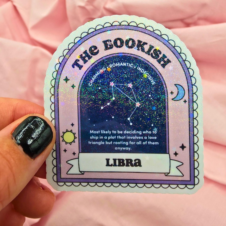 Bookish Libra Sticker Glitter Star Holo Vinyl Waterproof Zodiac Gift UK ...