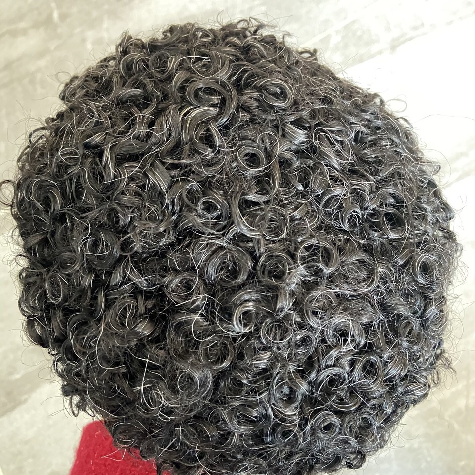 Men's Toupee Thin Skin Human Hair System 15mm Afro Curly V Looped Grey ...