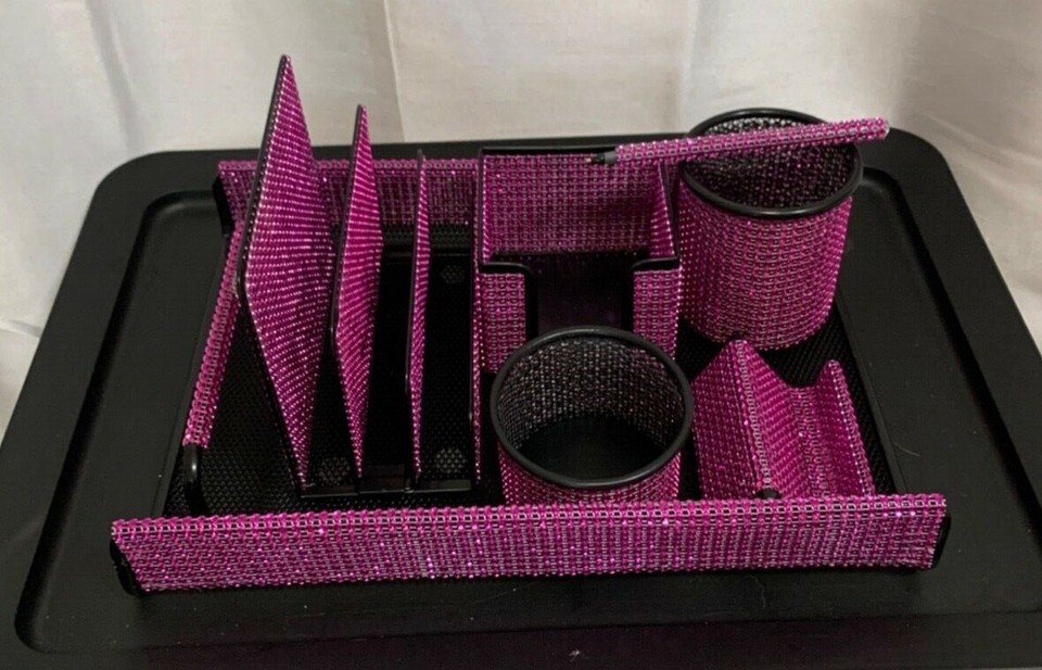 7 Piece Majestic Home or Office Desk Set Organizer Pink Mesh Bling Gift ...