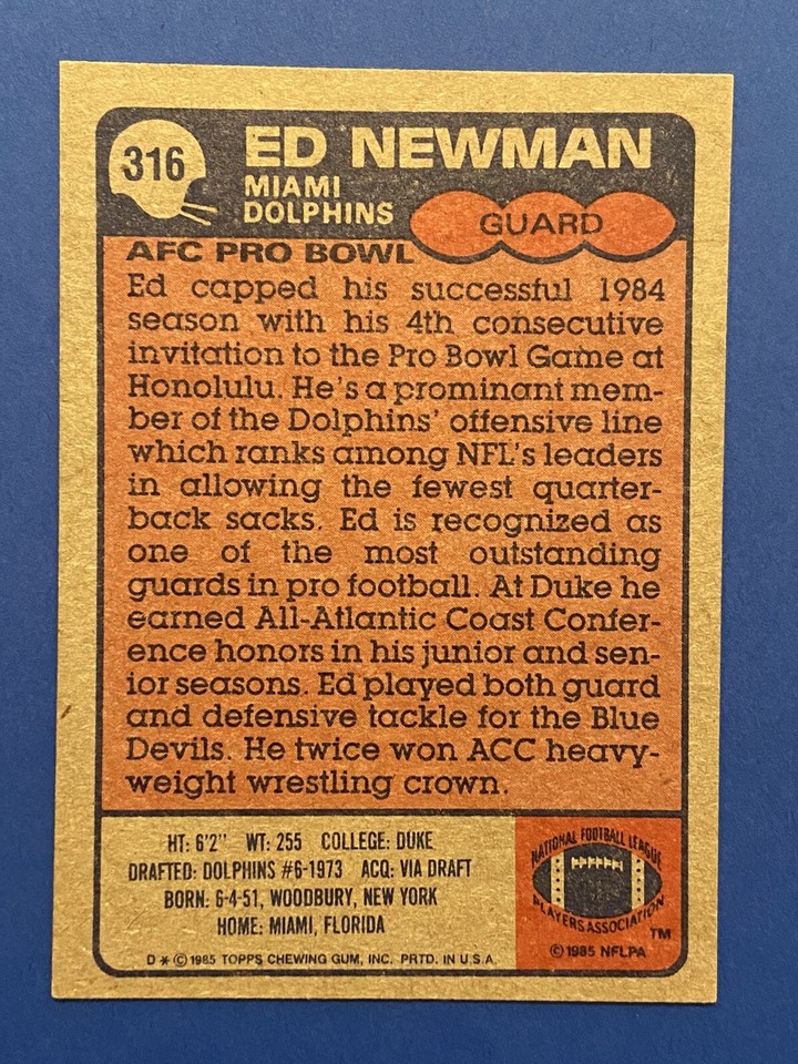 ED NEWMAN Signed 1985 Topps #316 Miami Dolphins Duke Blue Devils ...
