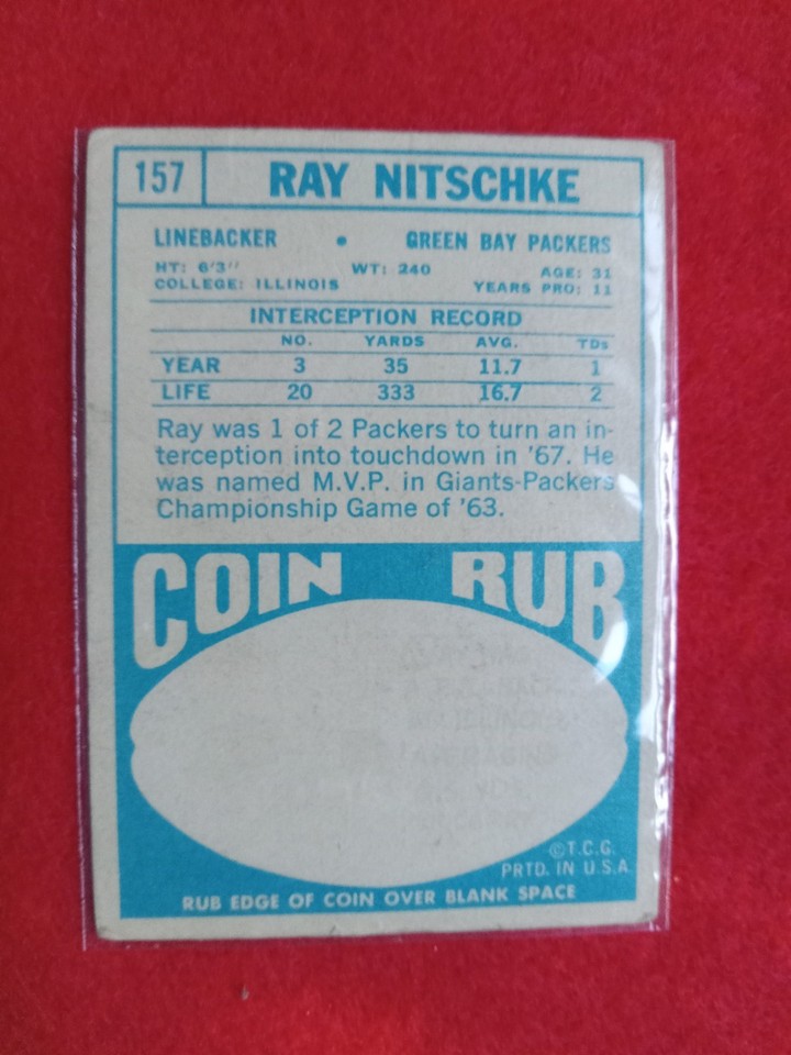 1968 Topps Football Card #157 RAY NITSCHKE Packers Damaged Side | eBay