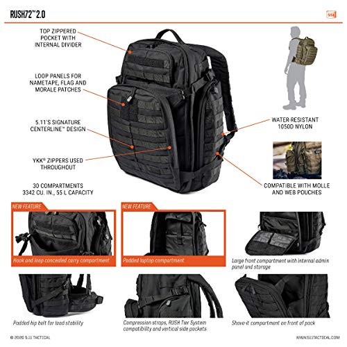 511 Tactical Backpack RUSH 72 2.0 MILITARY MOLLE PACK CCW 55L 56565 ...