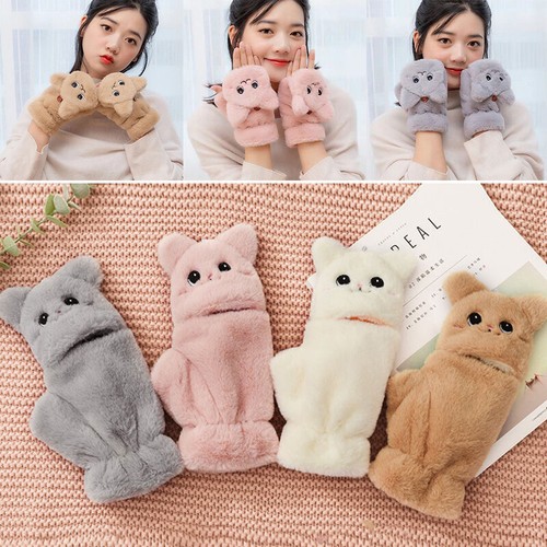 Women Girl Plush Glove Winter Warm Cute Animals Mittens Flip Fingerless ...