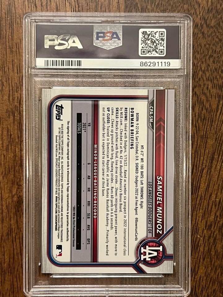 PSA 10 SAMUEL MUNOZ AUTO 2022 Bowman Chrome 1st BLUE HTA Choice /150 ...