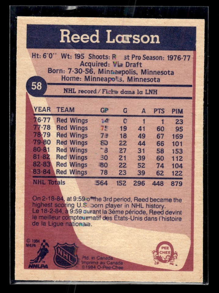 1984-85 O-Pee-Chee #58 Reed Larson "Set Break" Mint Detroit Red Wings ...