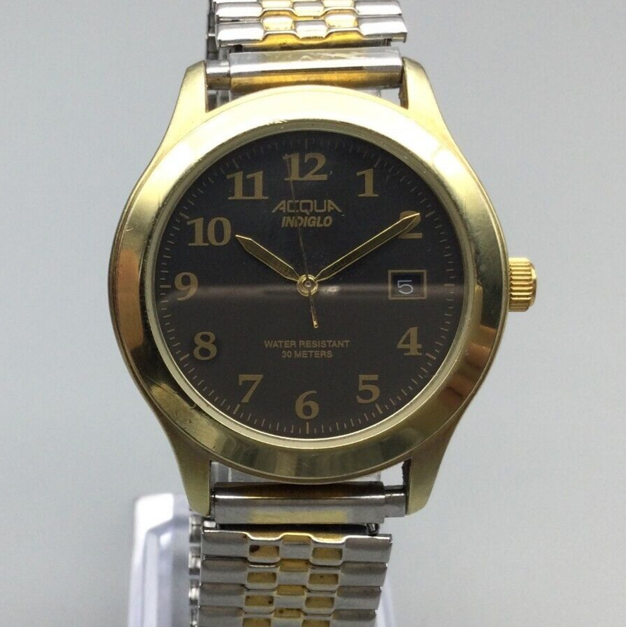 Vtg Timex Acqua Watch Men 36mm Gold Tone Indiglo Stretch Band New ...