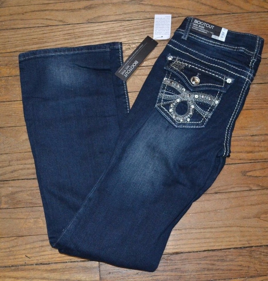 Apt 9 Jean Bootcut Mid Rise Straight Hip Thigh Heavily Embellished Dark ...