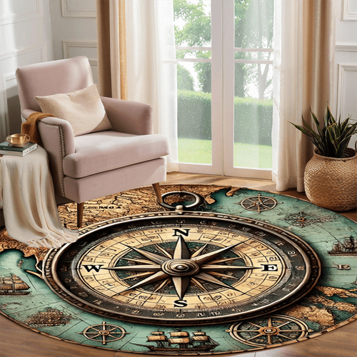 Nautical Compass Navigation Theme Round Area Rug - Polyester, Machine ...