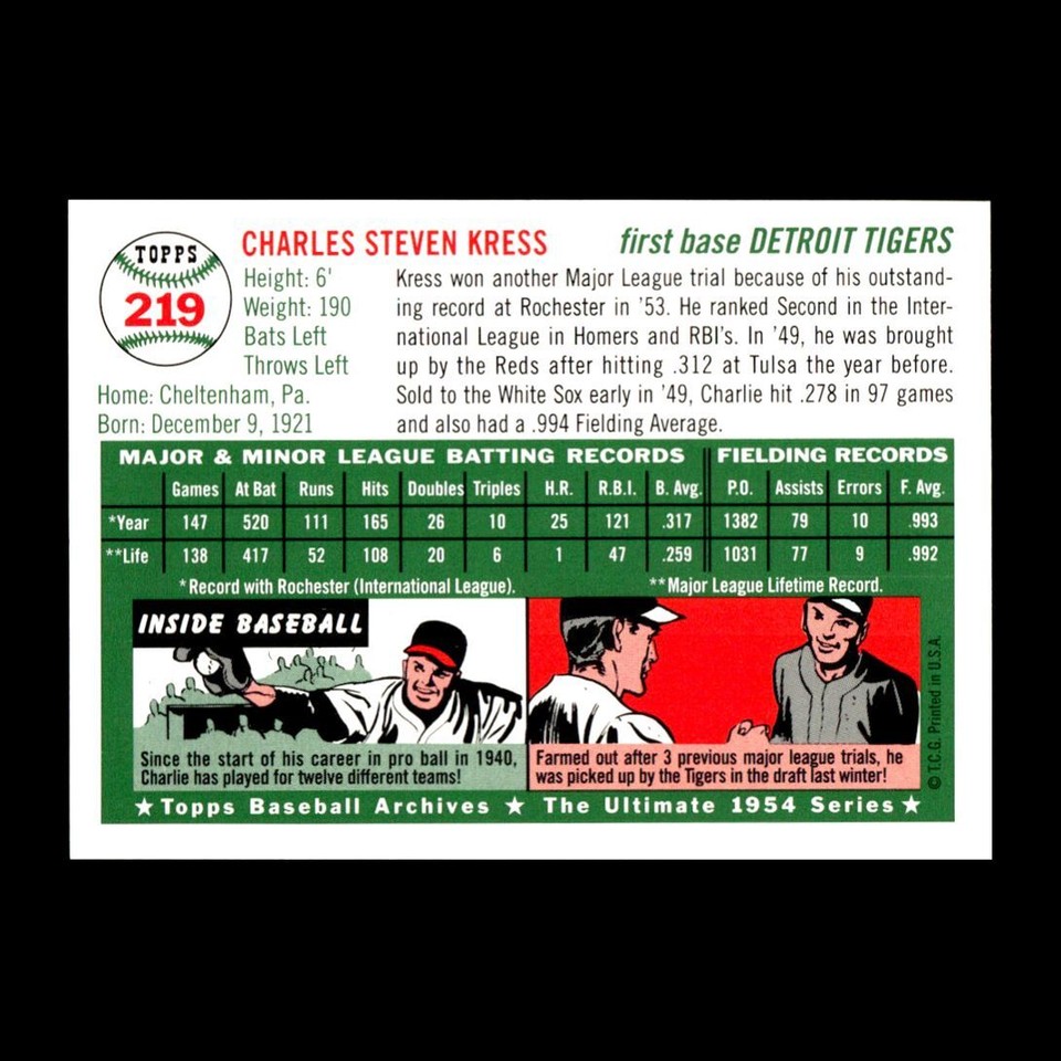 Charlie Kress 1994 Topps Archives 1954 Rookie Detroit Tigers #219 NM+ 2 ...