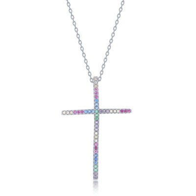 Sterling Silver Rainbow CZ Cross Pendant W/Chain | eBay