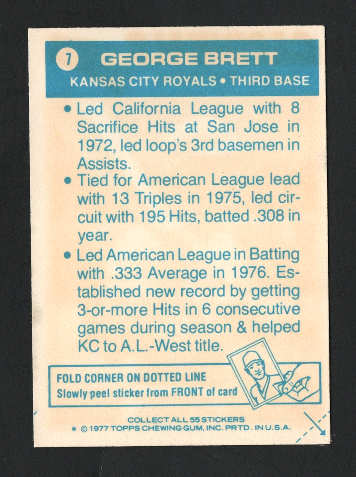 1977 Topps Cloth Sticker Baseball Card #7 George Brett – Kansas City ...