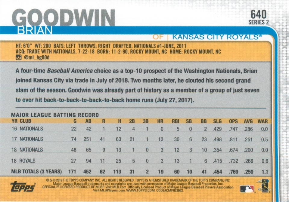 Brian Goodwin 2019 Topps Series 2 Baseball MLB Card #640 Kansas City ...