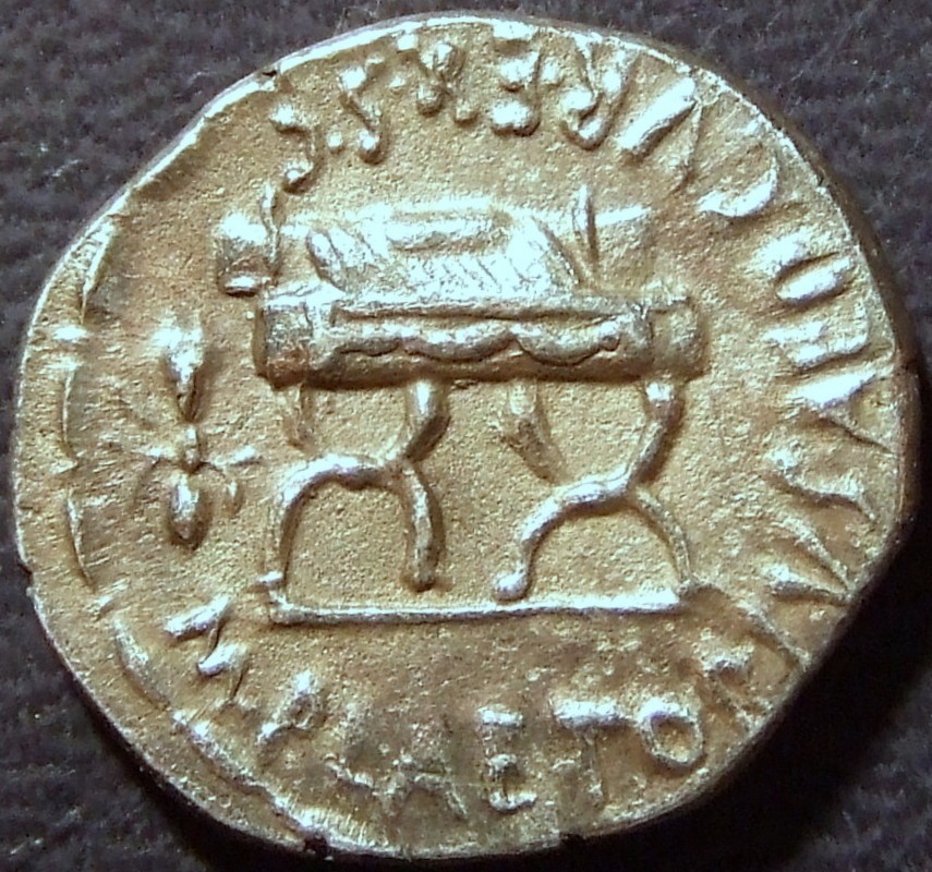 M. PLAETORIUS M.F. CESTIANUS. AR 3 DENARIUS. ANT SYMBOL AND CURULE ...