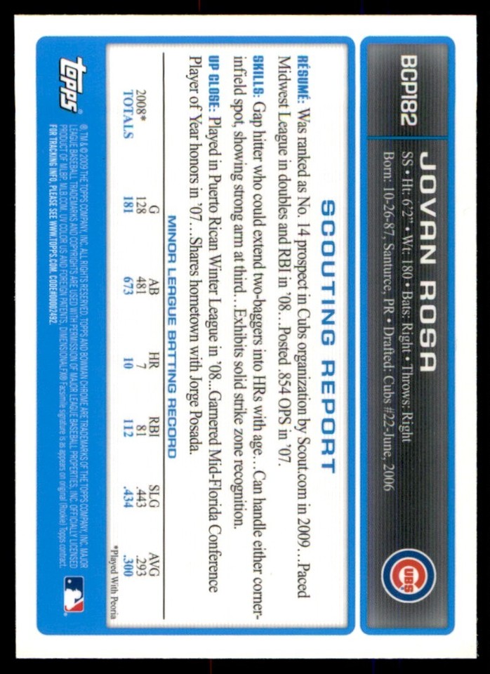 2009 BOWMAN CHROME PROSPECTS BLUE REFRACTORS JOVAN ROSA CHICAGO CUBS # ...
