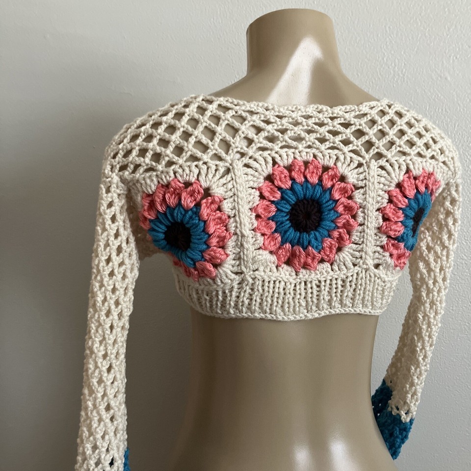 Handmade Crochet fishnet Boho Sunflower Granny Square bell Sleeve crop ...
