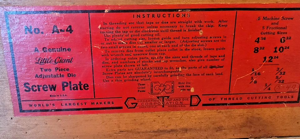 Vintage Greenfield Little Giant Screw Plate No. A4 Tap & Die Set in ...