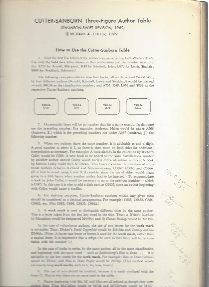 CUTTER-SANBORN THREE-FIGURE AUTHOR TABLE (SWANSON-SWIFT REVISION 1969 ...