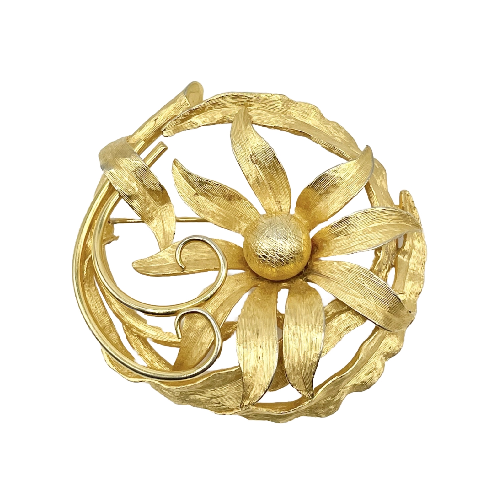 Kramer Gold Tone Textured Shiny Flower Brooch - Gem