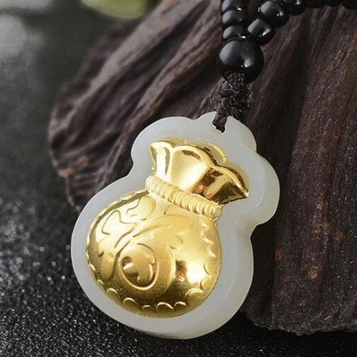 Pure 999 24K Yellow Gold Leaf Natural Jade Women Lucky Bless Fu 福 Bag ...