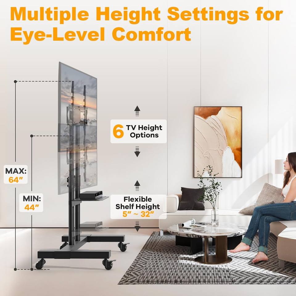 TVON Rolling TV Stand for 32-80 Inch Flat Screen/Curved Tvs up to 110 ...