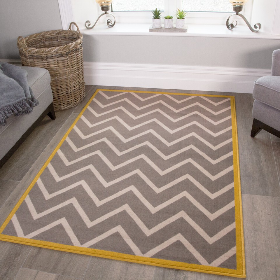 Yellow Ochre Grey Geometric Rug Scandi Nordic Chevron ZigZag Living ...