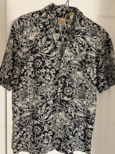 Men's Jos A Bank Hawaiian Silk Shirt M/L Black and White Camp Loop ...