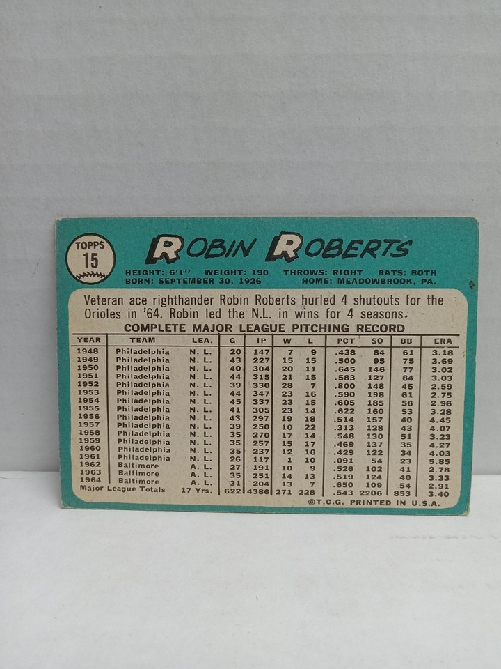1965 Topps - Robin Roberts #15 HOF VG Cond. Baltimore Orioles | eBay