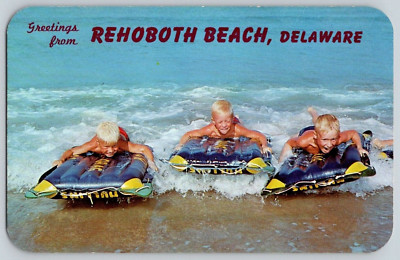 Postcard~ Three Towheaded Children Riding The Surf~ Greeting Rehoboth ...
